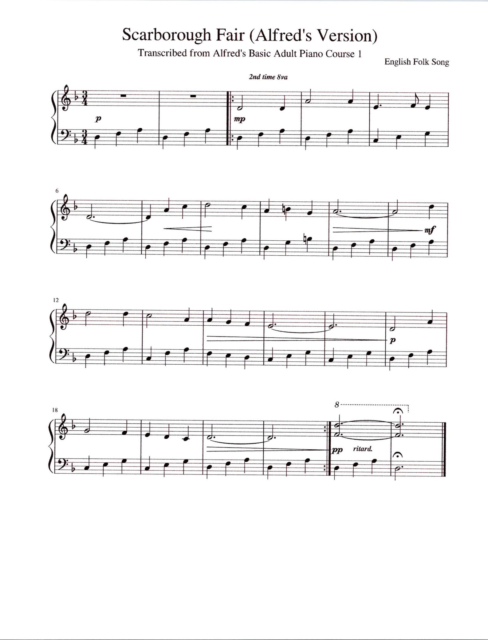 Scarborough Fair - Easy Piano Solo - Digital Arrangement Key of D Minor ...