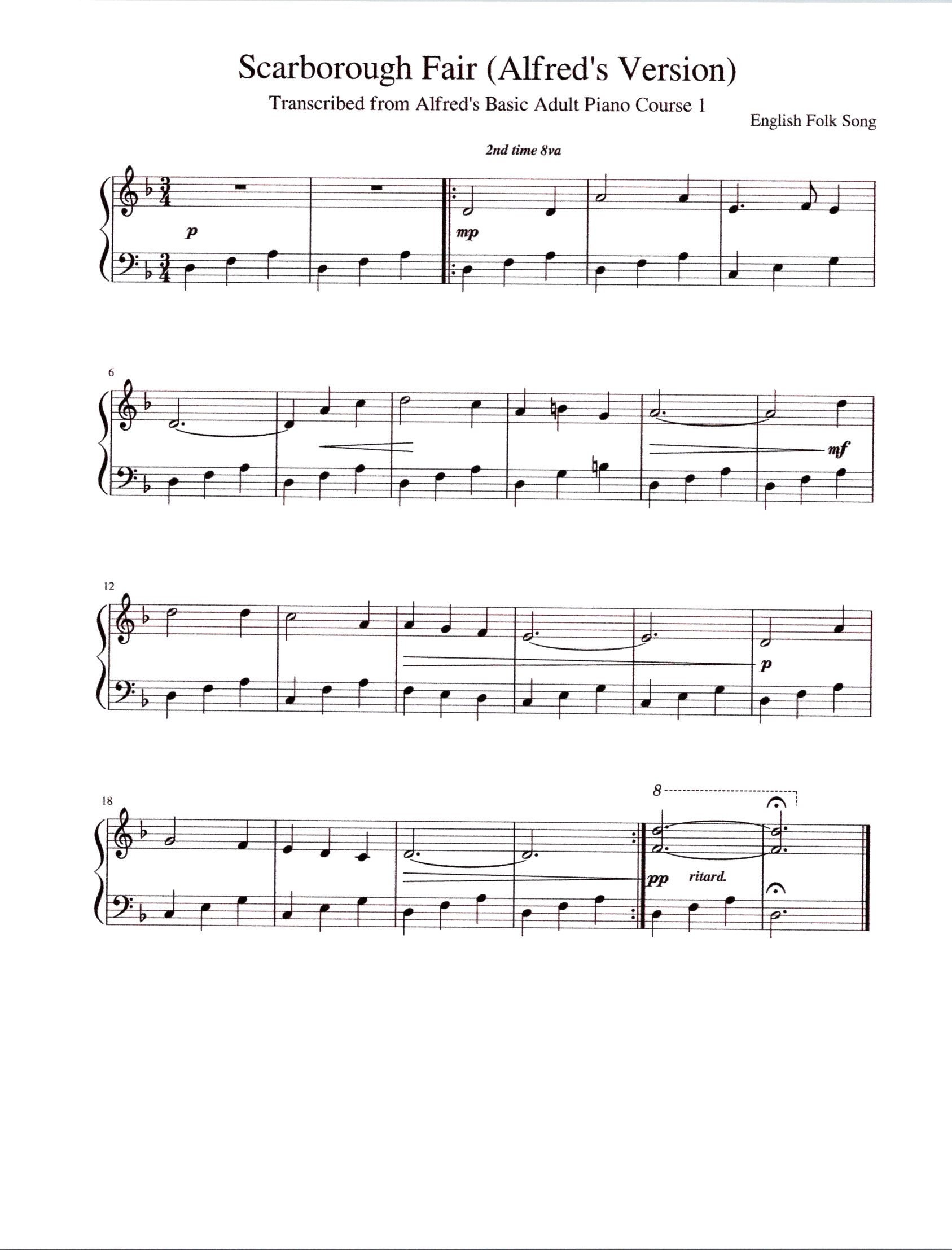 Scarborough Fair - Easy Piano Solo - Digital Arrangement Key of D Minor ...