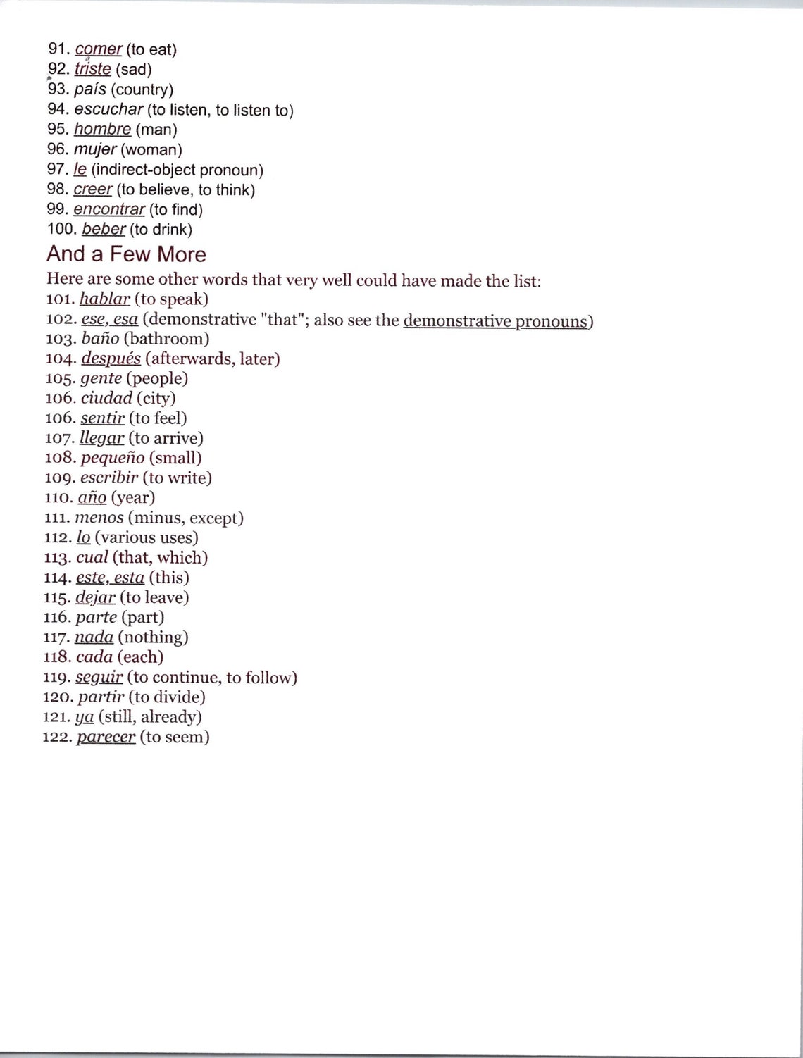 Top 100 Spanish Words Quick Guide Reference or Study Vocabulary - Etsy