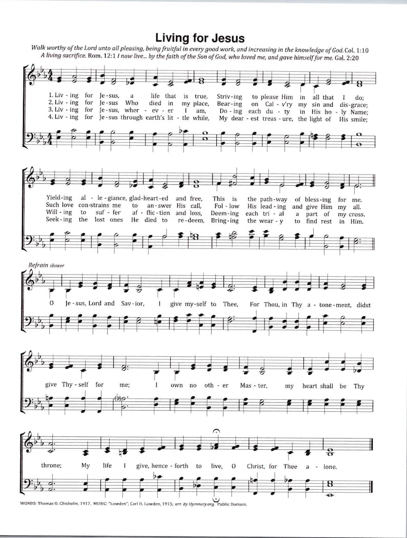 Living for Jesus - Digital Printable Hymn Tune Piano and Voices - Key ...
