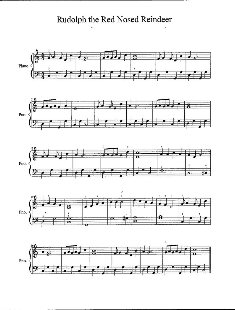 Rudolph the Red Nosed Reindeer - Digital Easy Piano Solo - Key of C - Etsy