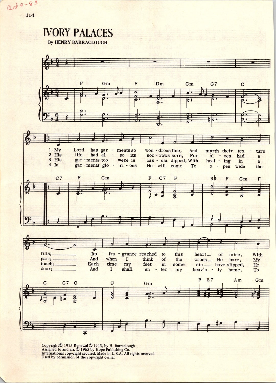 Ivory Palaces Hymn - Digital Sheet Music for Piano Vocal Guitar Key of ...