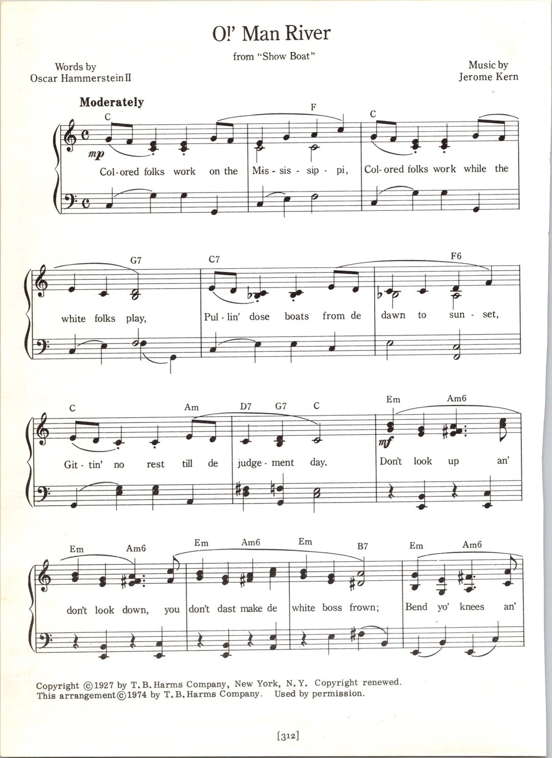 Ol' Man River From Show Boat Sheet Music - Digital Show Tune - Key of C ...