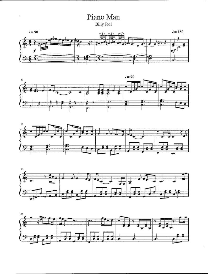Piano Man Piano Solo - Digital Sheet Music - Key of C - Late ...