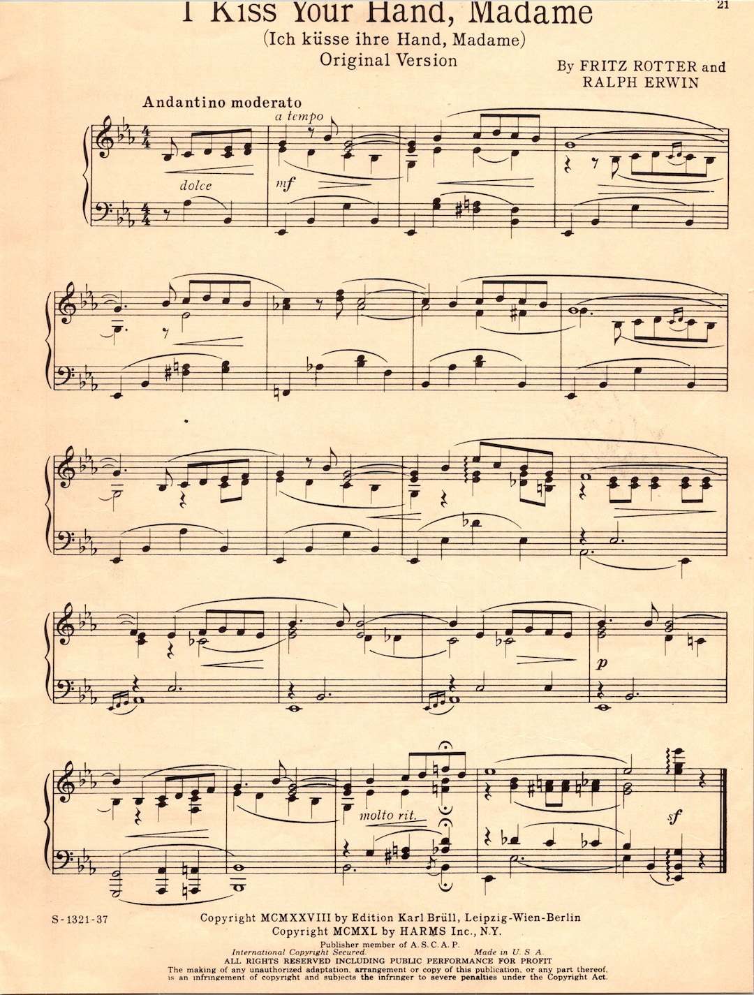 I Kiss Your Hand Madame (original Version) Piano Solo - Digital Advance ...