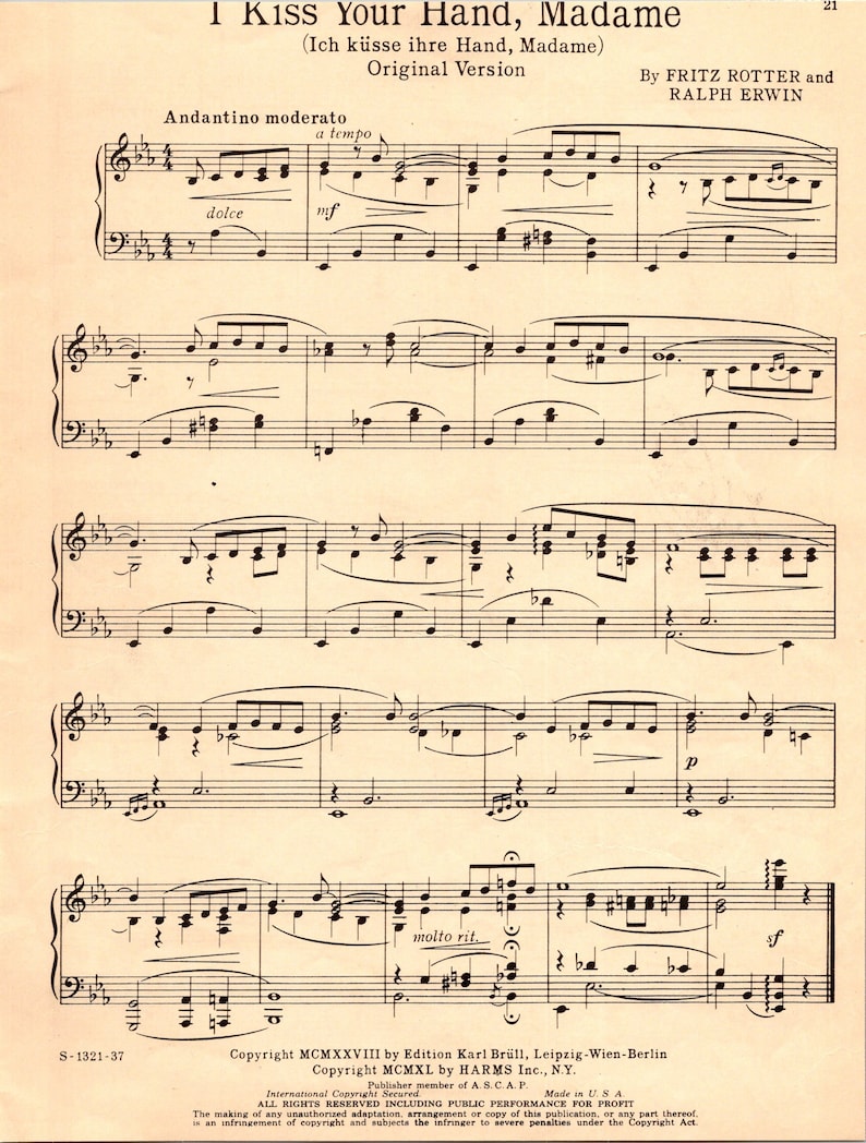 I Kiss Your Hand Madame (original Version) Piano Solo - Digital Advance ...