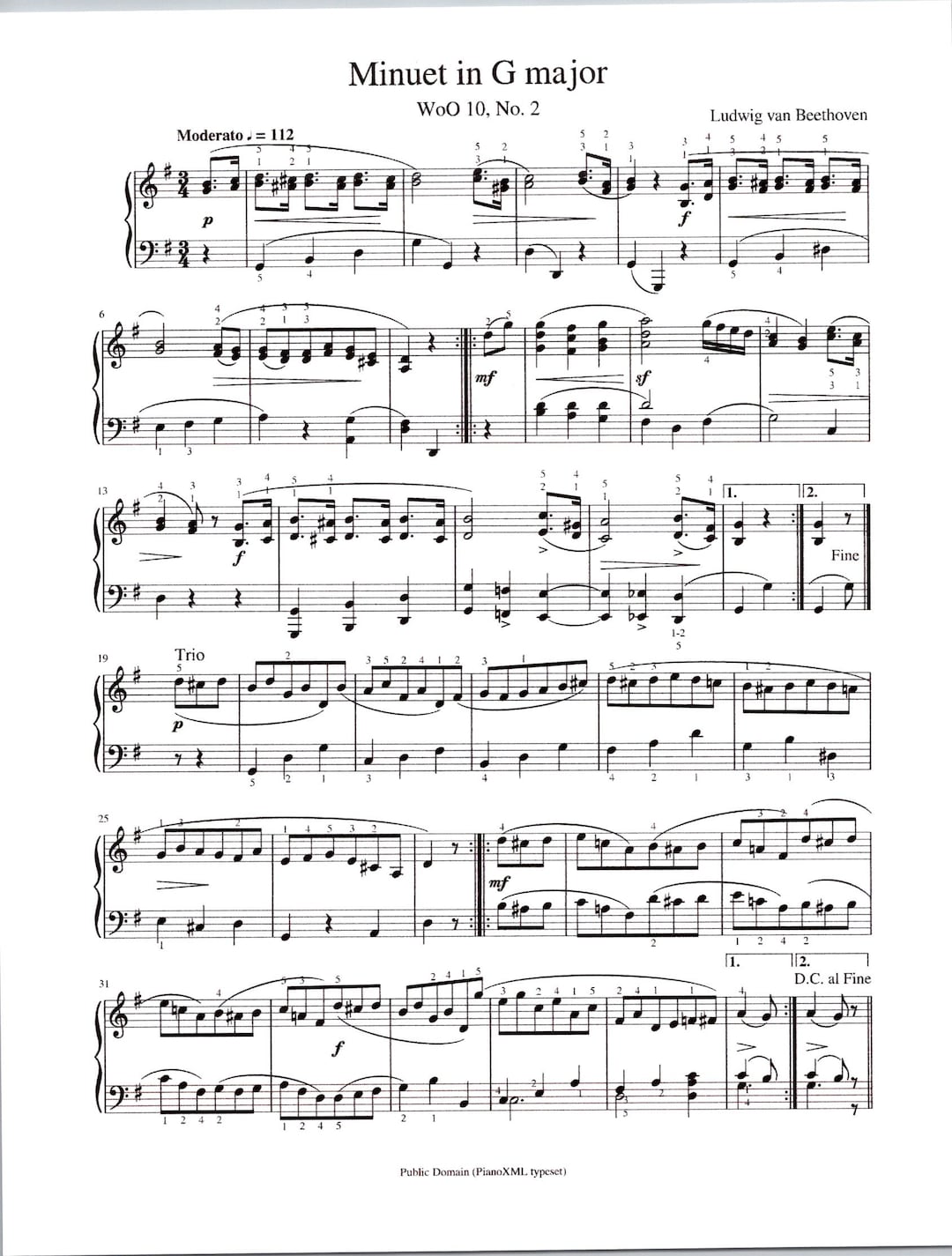Minuet in G Major by Beethoven - Digital Piano Solo - Key of G - Etsy
