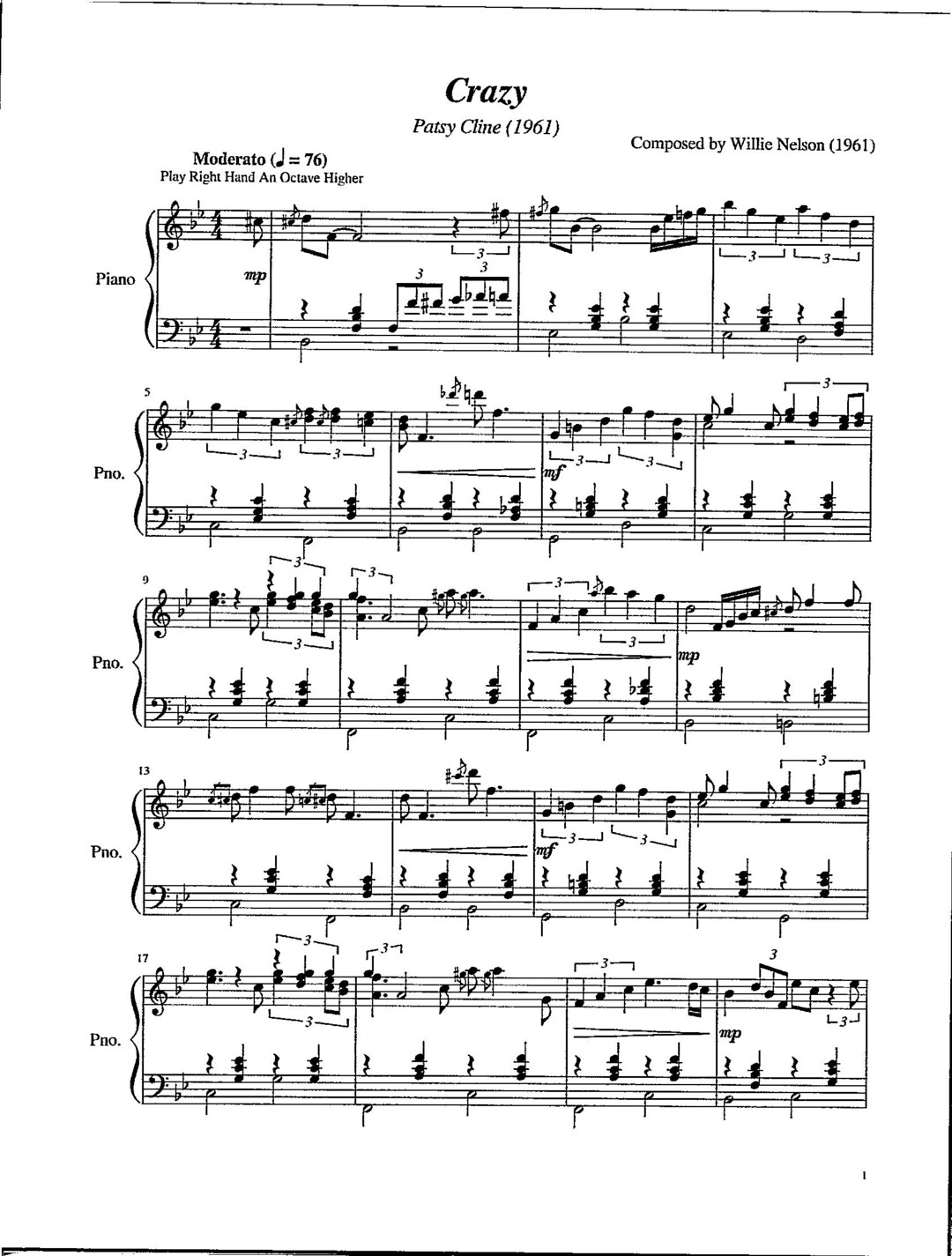 Crazy - Digital Download Piano Solo - Early Advanced - Key of B Flat - Etsy