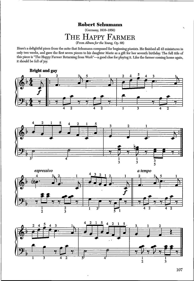 The Happy Farmer by Robert Schumann Digital Piano Sheet Music Key of F ...