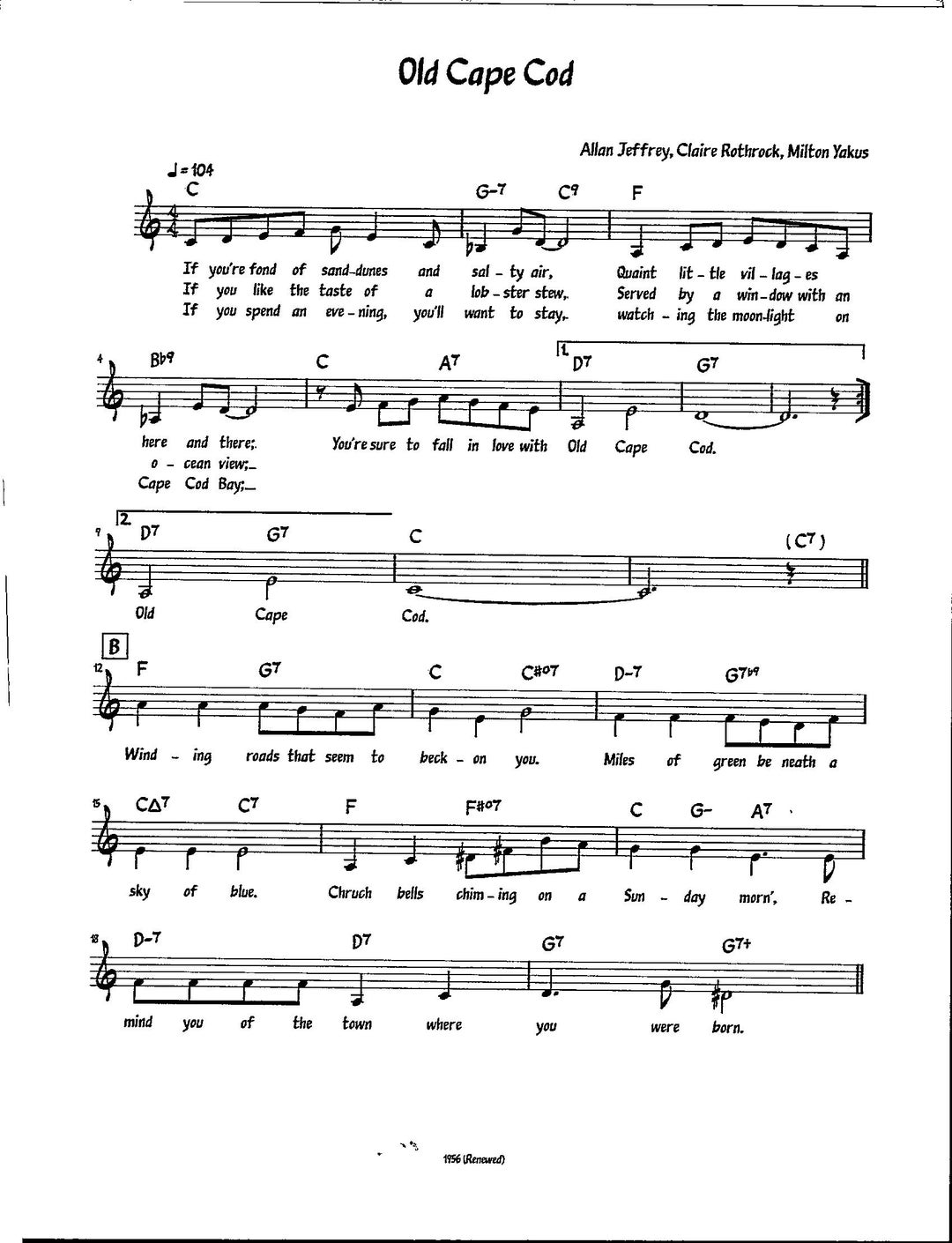 Old Cape Cod - Digital Download for C Instruments With Chords and ...