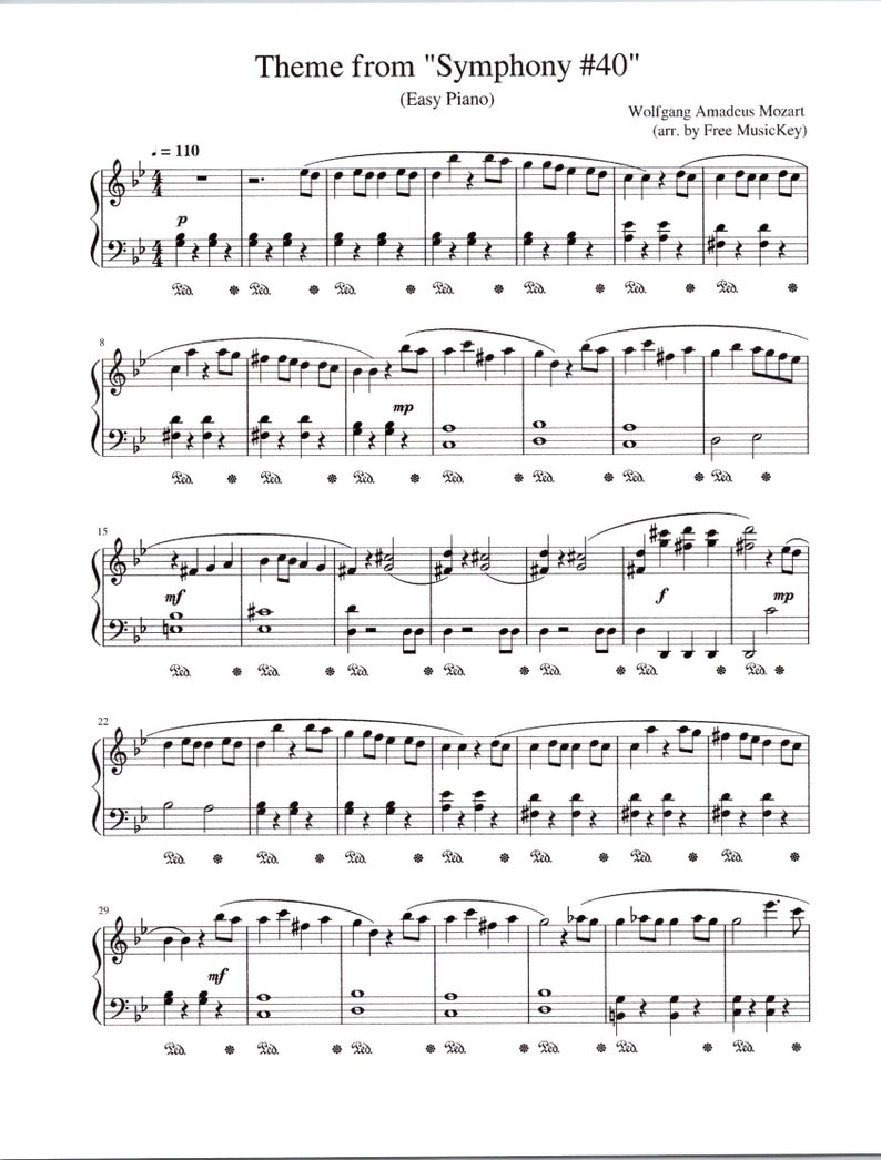 Theme From Symphony #40 Easy Piano by Mozart - Digital Sheet Music ...
