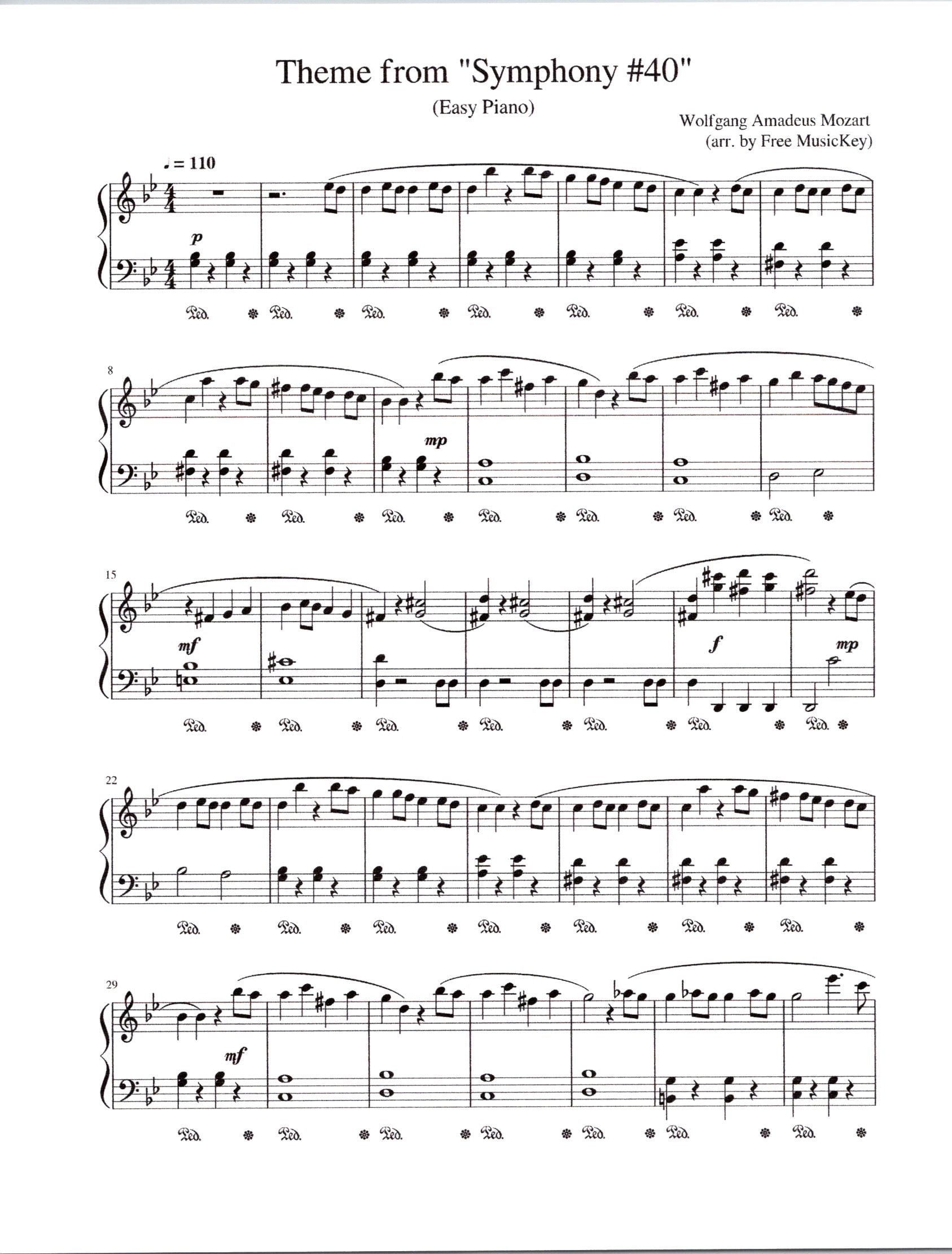Theme From Symphony #40 Easy Piano by Mozart - Digital Sheet Music ...