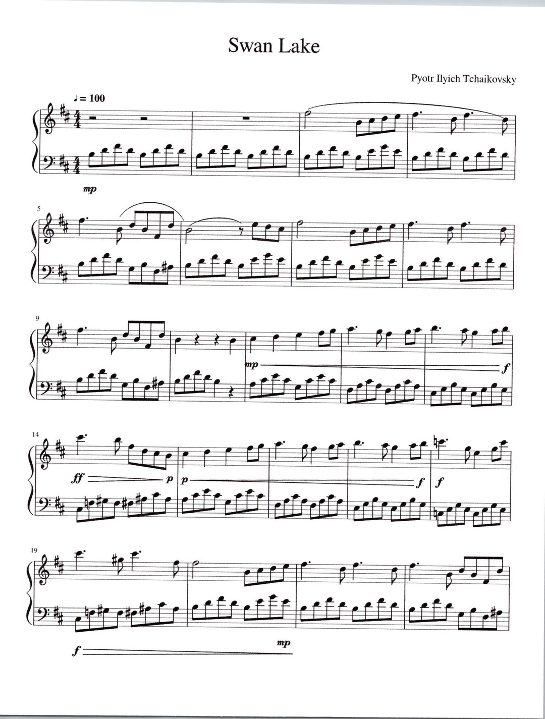 Swan Lake by Tchaikovsky - Digital Piano Solo Sheet Music - Key of D ...