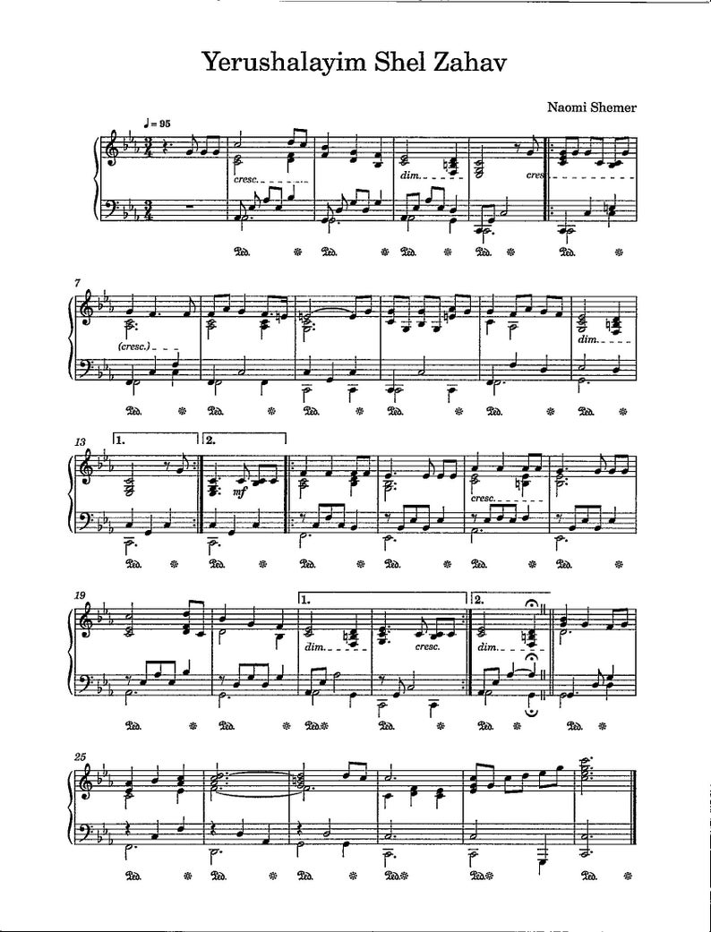 Yerushalayim Shel Zahav - Digital Download Piano Solo Sheet Music - Key of C Minor - Etsy