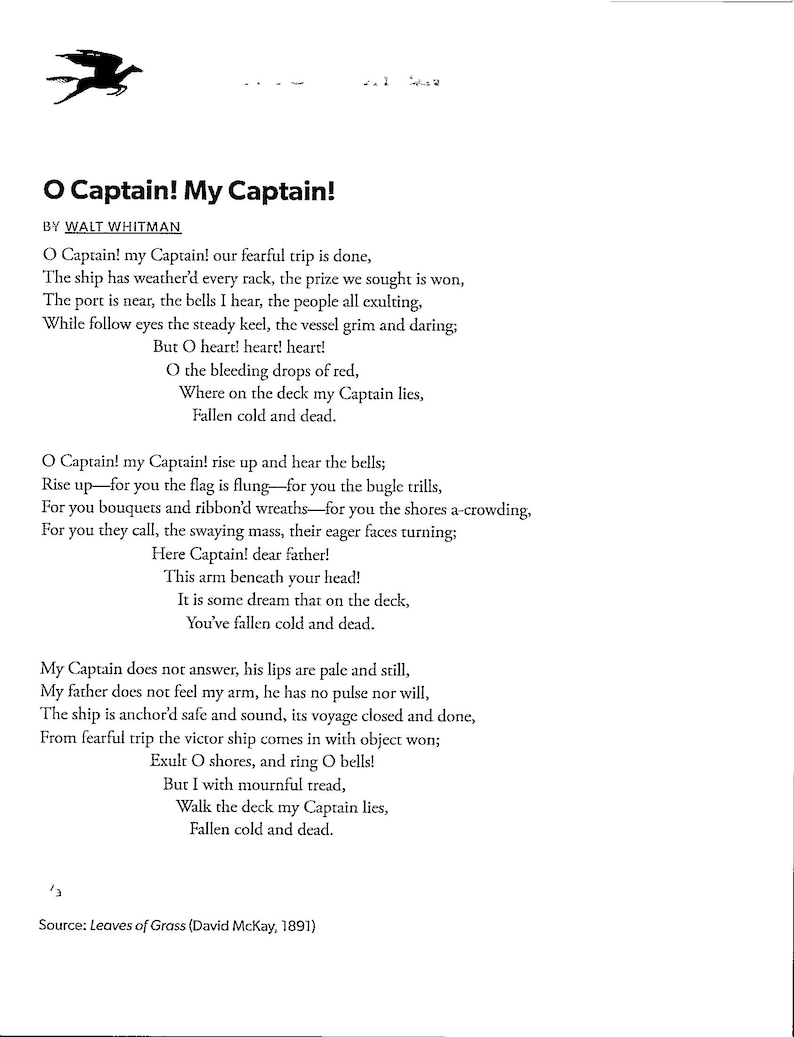 O Captain! My Captain! by Walt Whitman - Digital Download Poem - Etsy