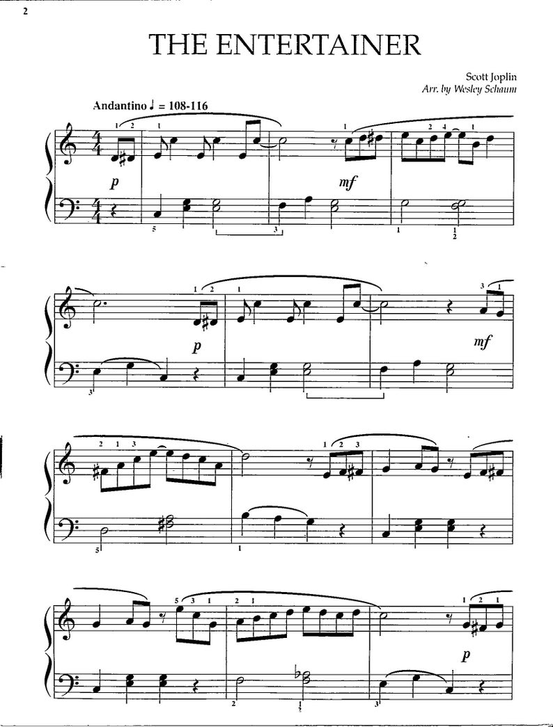 The Entertainer Piano Solo - Digital Sheet Music Key of C Intermediate Level - Etsy