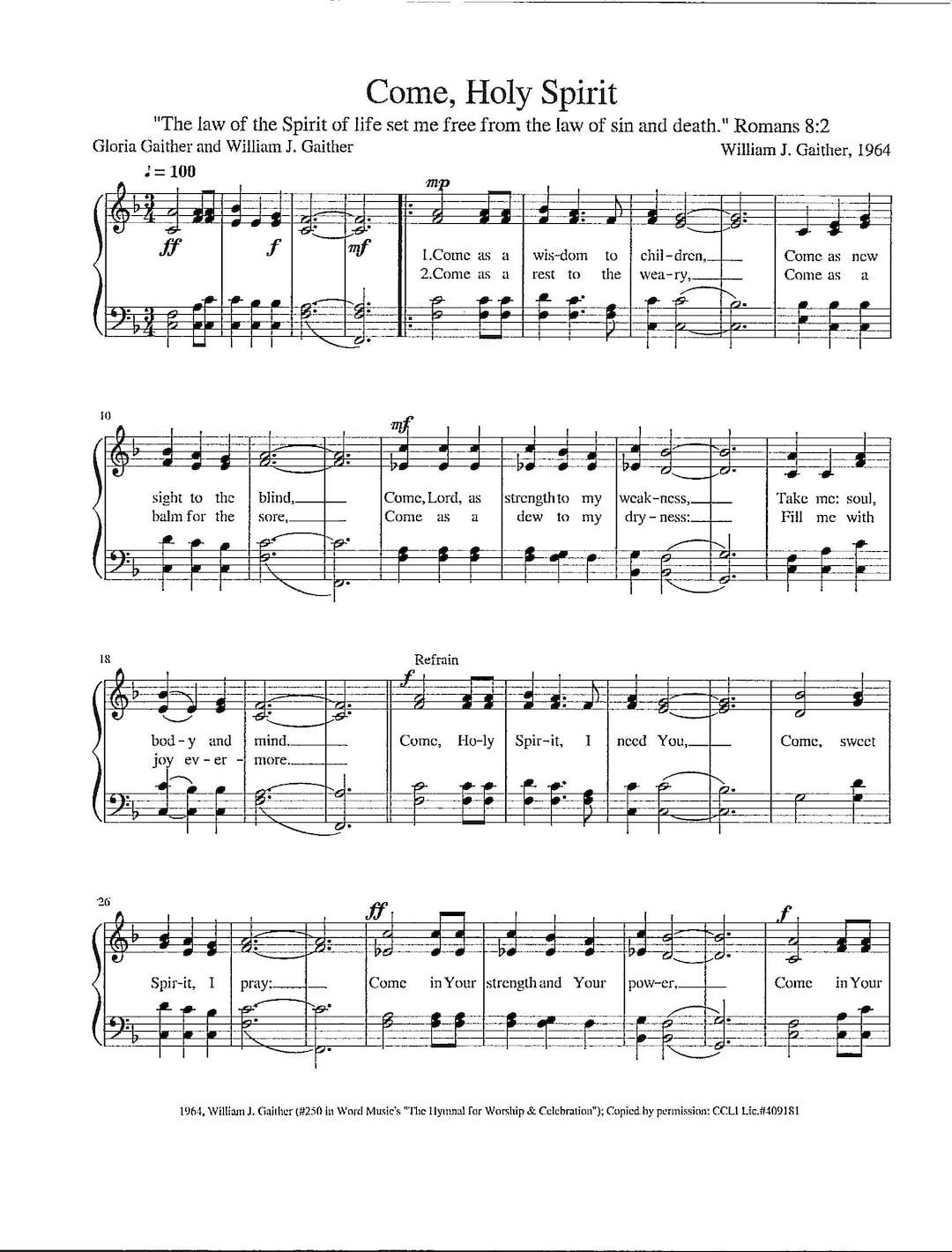 Come Holy Spirit - Digital Hymn Tune by Gaither for Piano Organ Voices ...