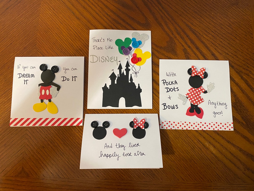 Mickey and Minnie Handmade Cards, Blank Disney Themed Cards, Set of 4 ...