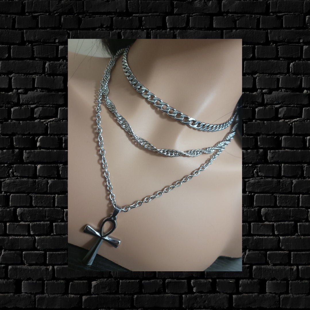 Stainless Steel Gothic / Punk Triple Necklace. Ankh. Gift. Witchy ...