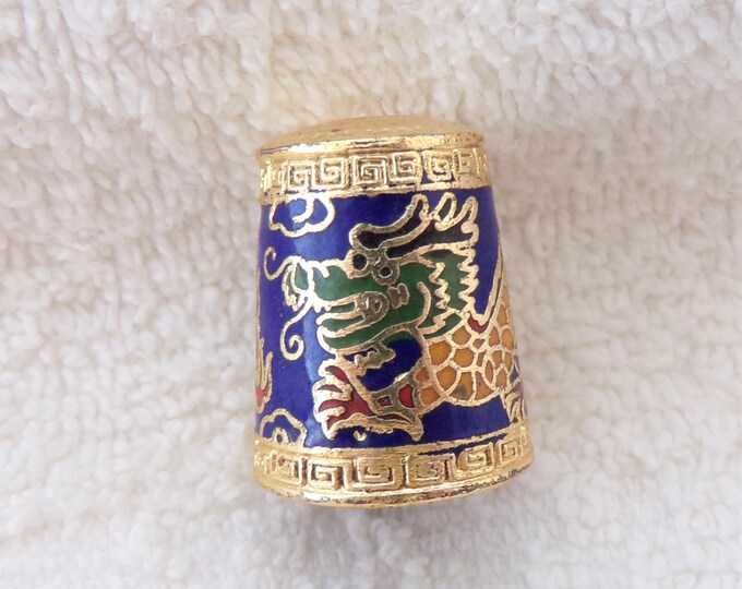 Vintage 1980s Blue & Gold Cloisonné Thimble Hand Painted With Dragon ...