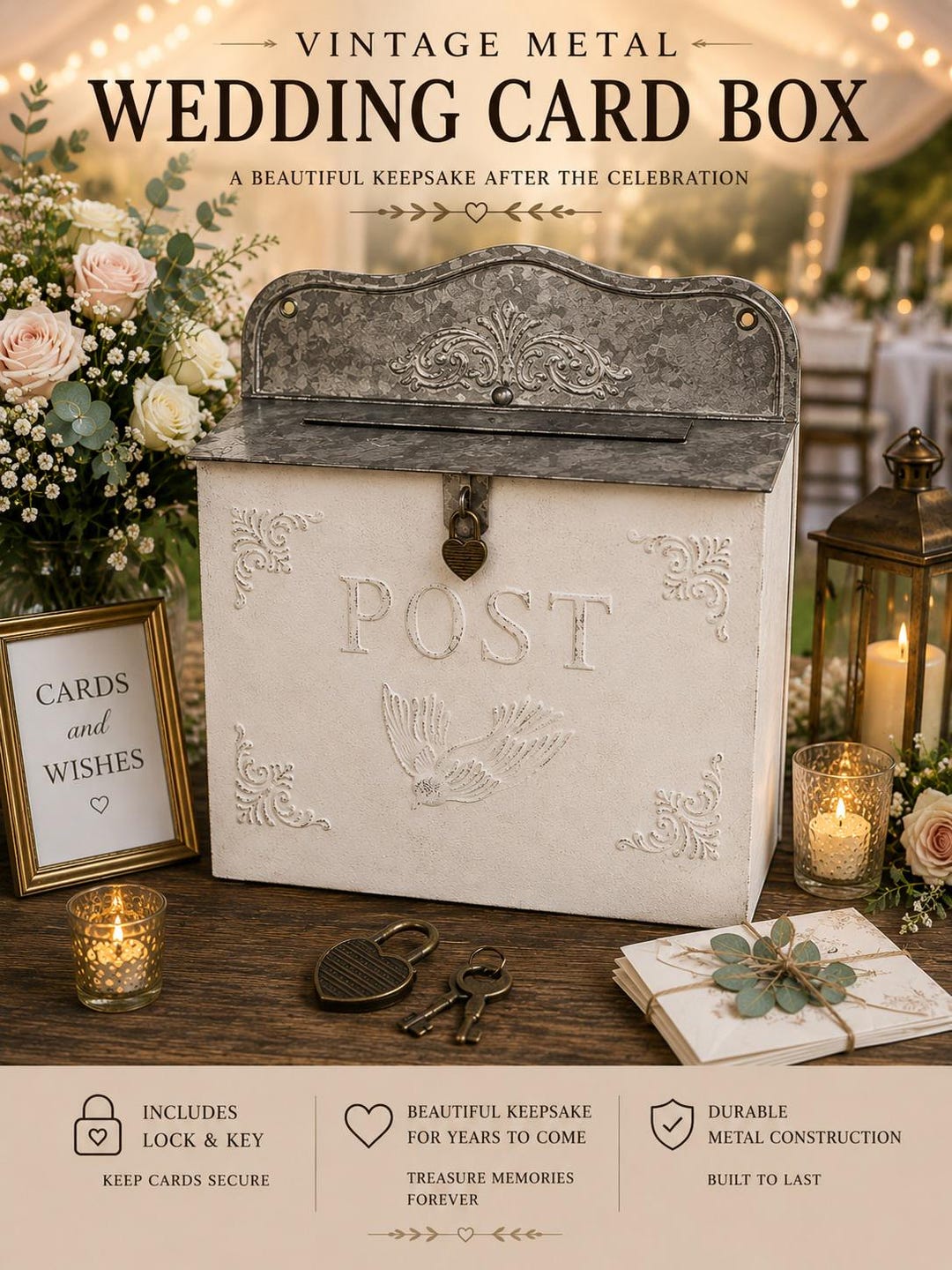 Vintage Style Metal Wedding Card Box With Lock & Key | Antique Look ...