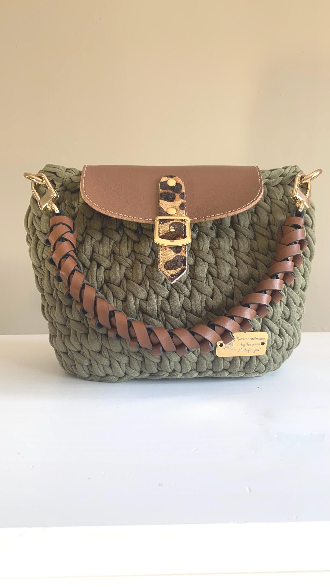Hand-crocheted Olive Green Purse: Braided Leather Handle, Leopard ...