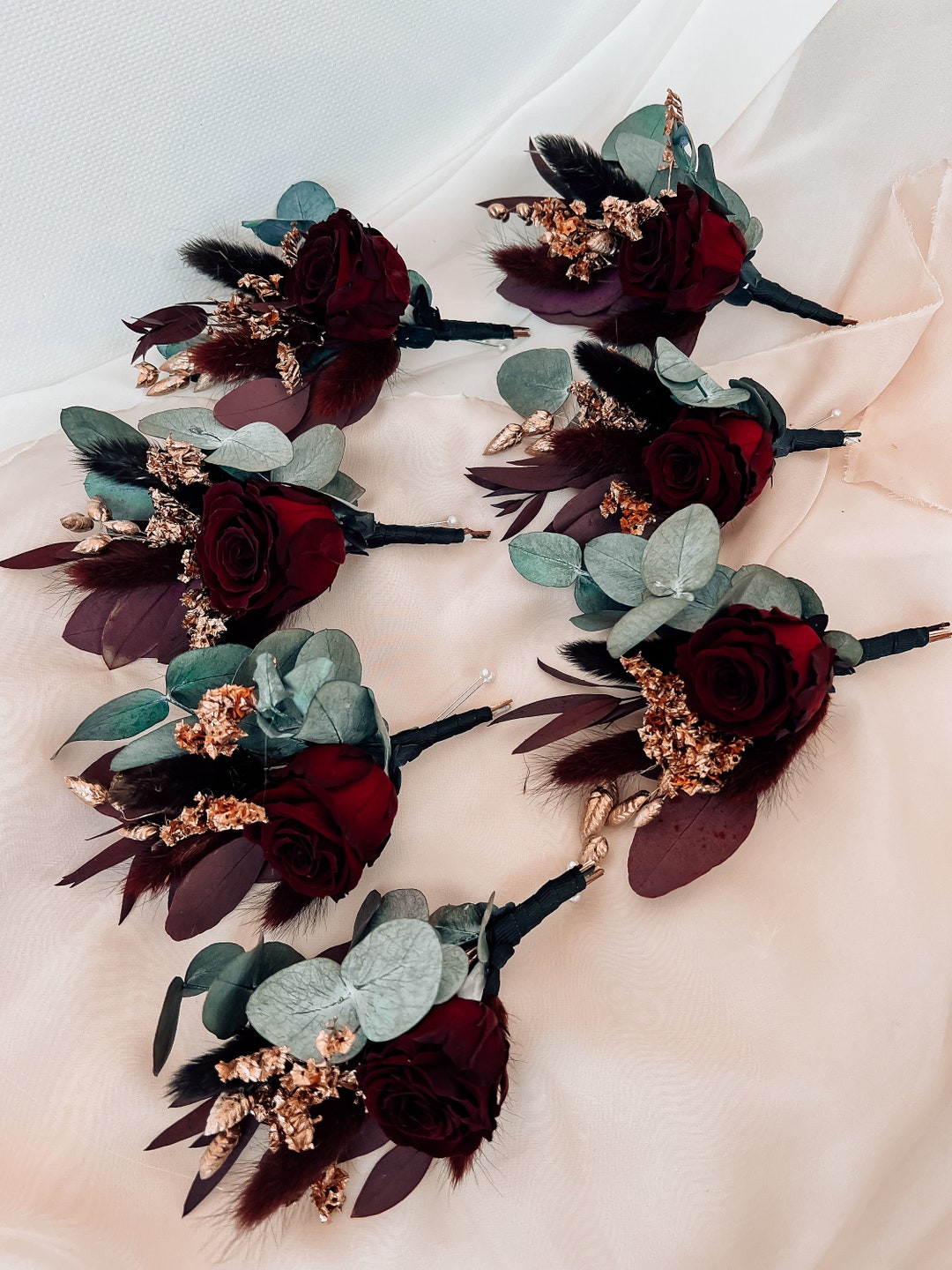 Marsala Black and Gold Bouttoniere With Preserved Roses Wedding ...