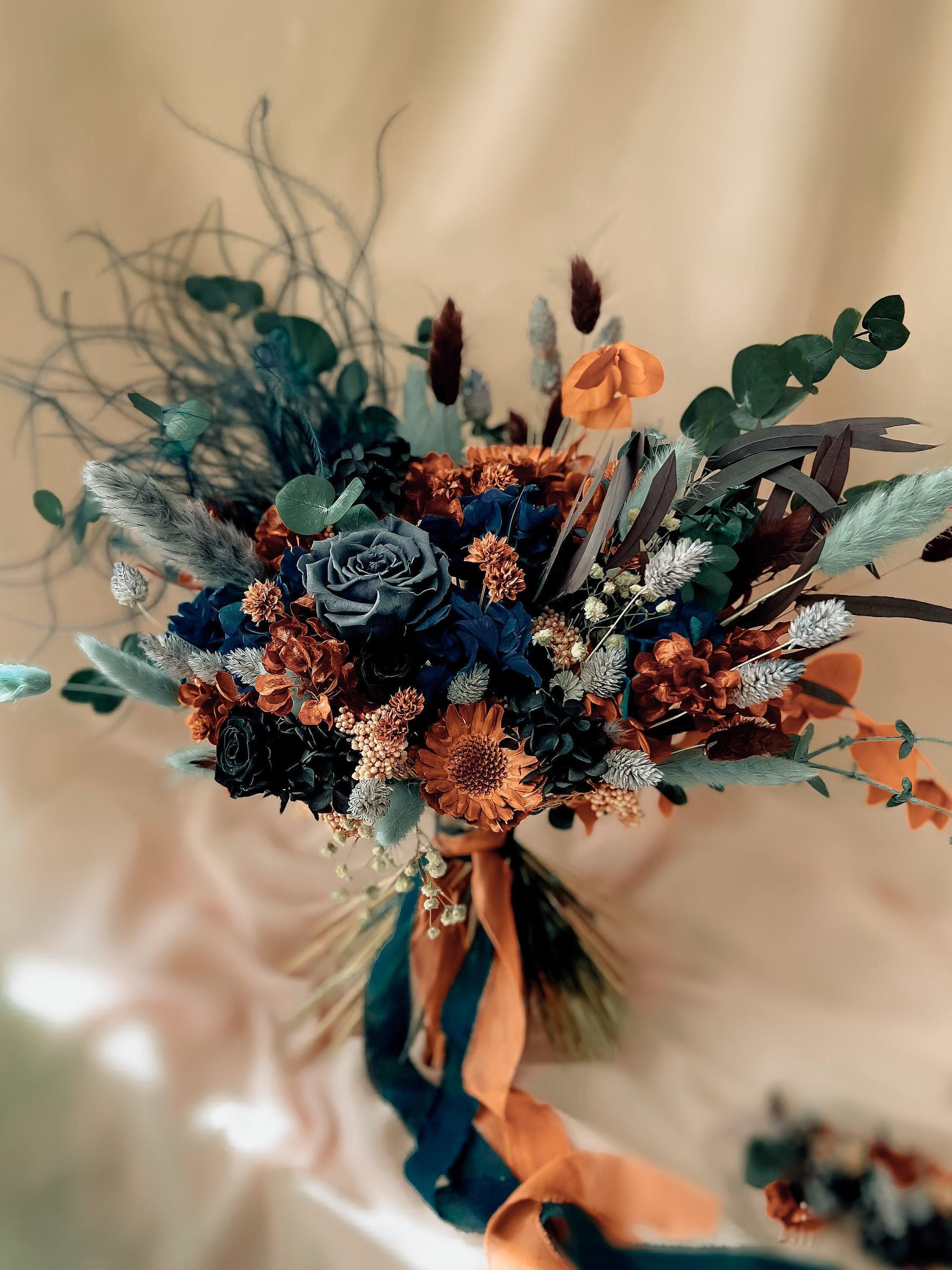 Moody Wedding Bouquet, Bridal Bouquet With Feathers, Greenery and Navy ...