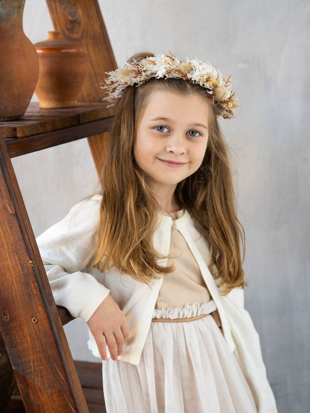 Beige Flower Girl Tiara, Boho Preserved Flowers Crown, Dried Flowers ...