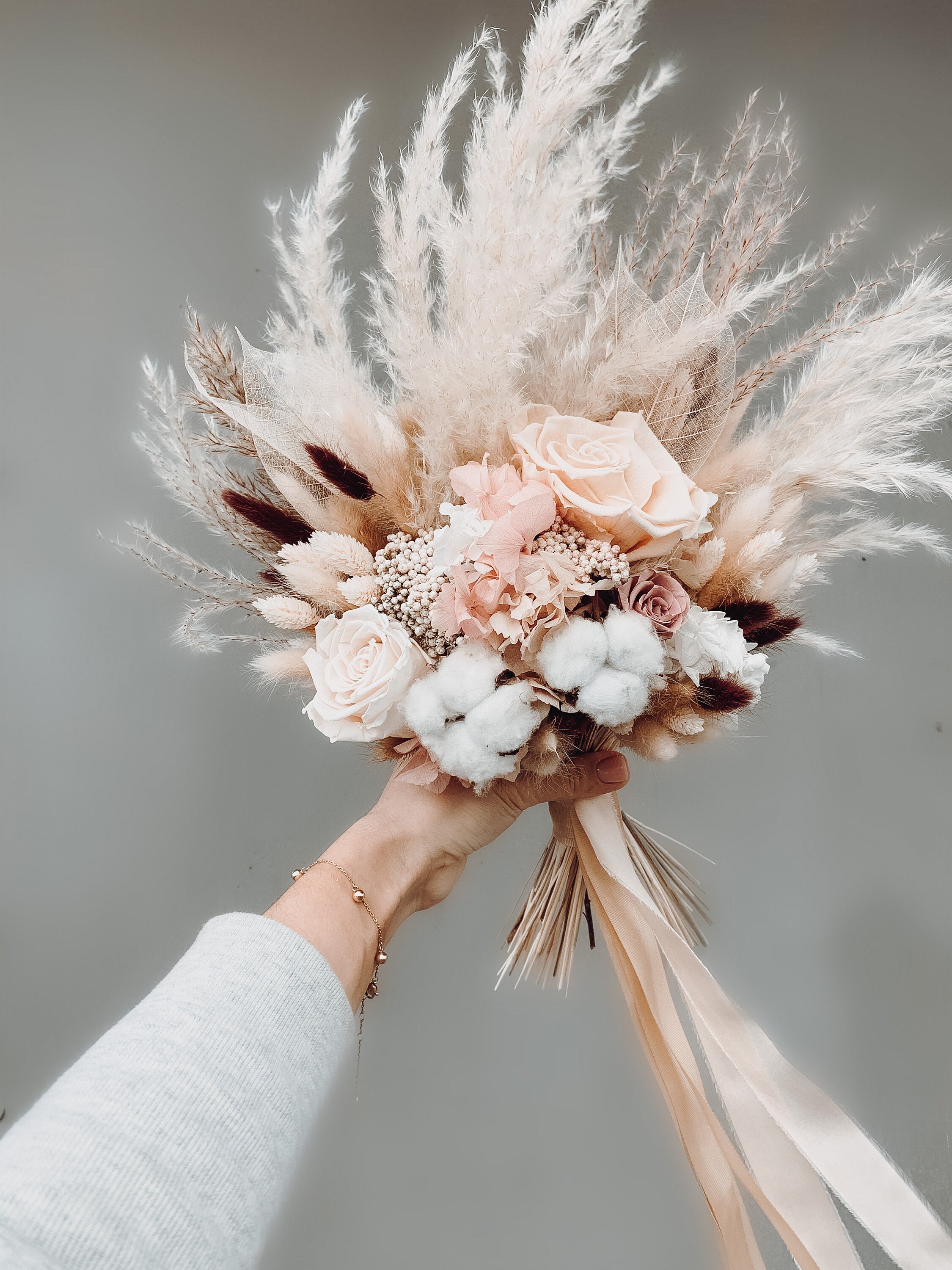 Cute roses with cotton bouquet boho wedding dried flowers | Etsy