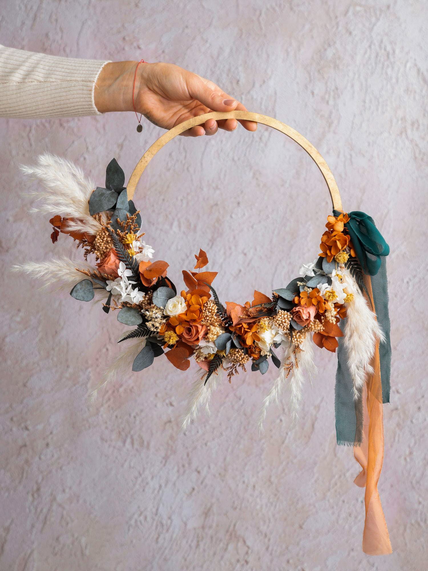 Terracota & Greenery Wedding Handle Bouquet, Fall Bridal Preserved Hoop ...