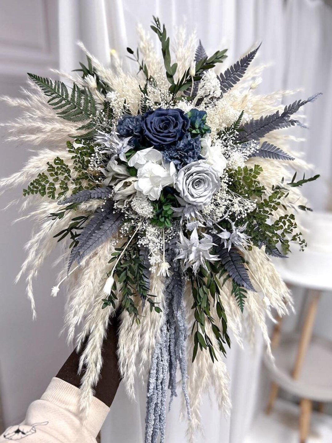 Wedding Cascading Navy Blue Bouquet, Cascade Bridal Bouquet, Boho ...