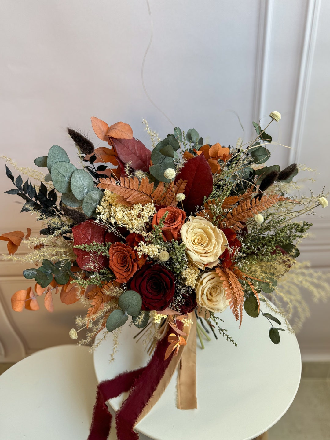 Greenery Marsala Terracotta Bridal Bouquet, Dried Flower Bouquet ...