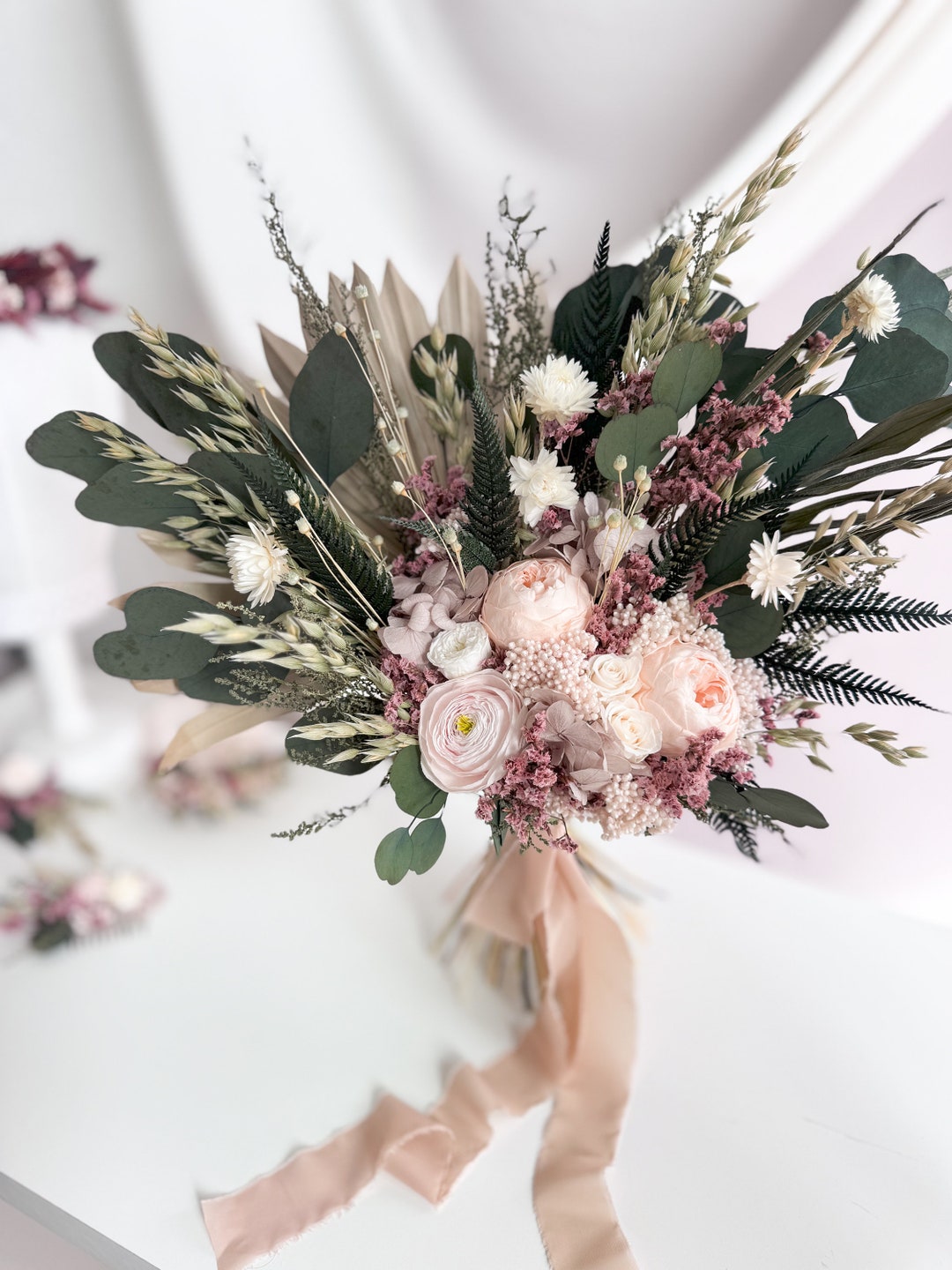 Greenery Wedding Bouquet, Spring Boho Bridal Bouquet, Everlasting Natural Flowers Blush and Pink ...