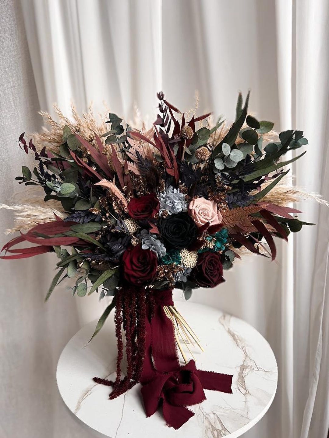 Maroon Wedding Bouquet, Burgundy and Black Roses Bridal Bouquet, Dried ...