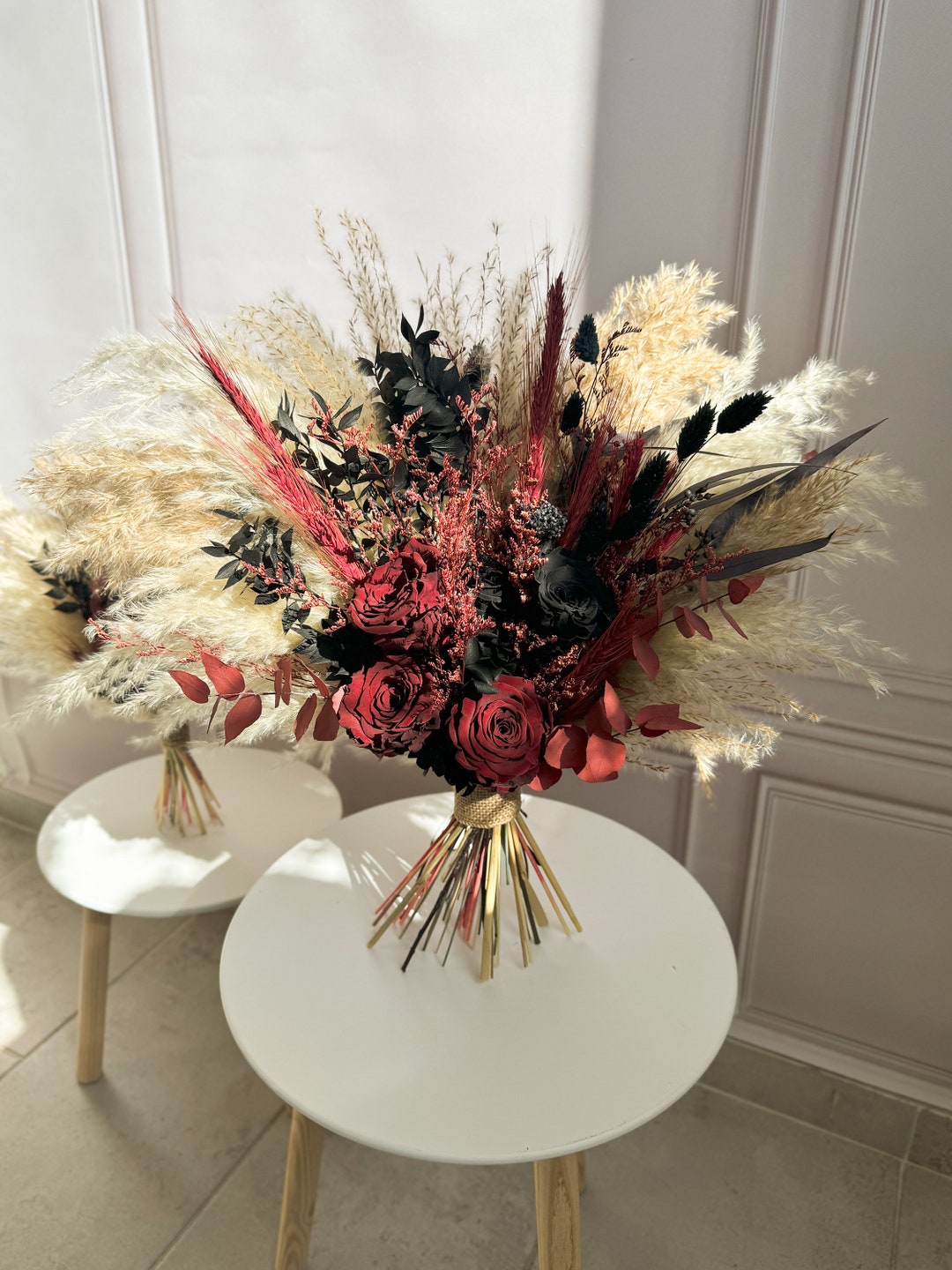 Wedding Bouquet Set, Custom Marsala and Black Boho Wedding Bouquet With ...