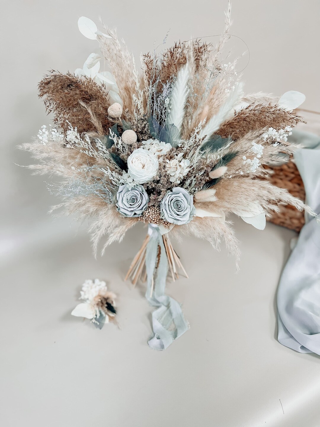 Boho Bridal Bouquet With Blue Preserved Roses, Dried Flower Arrangement ...