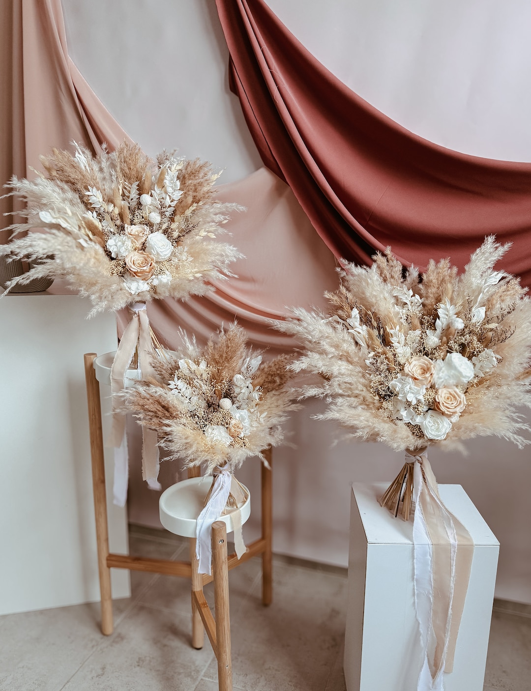 Beige Wedding Bouquet, Preserved Roses Bouquet, Pampass Grass Bouquet ...