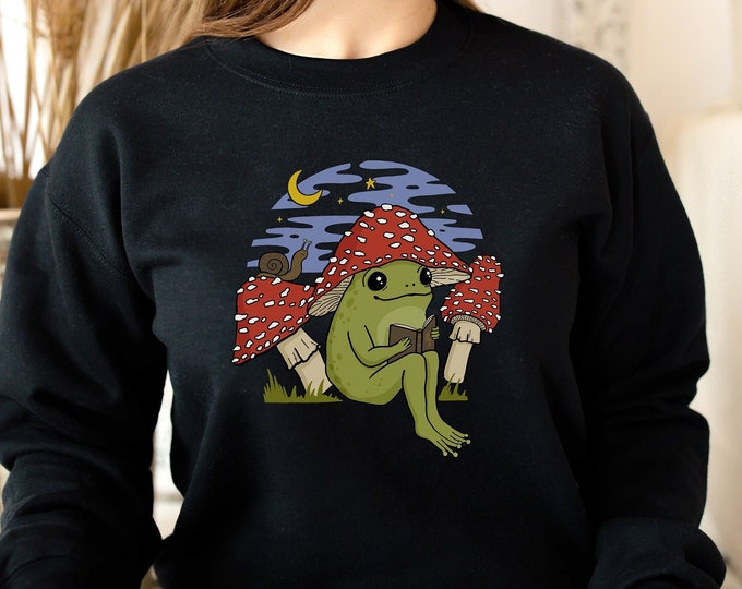 Cute Frog Mushroom Hat Reading Book Goblincore Toad With Etsy