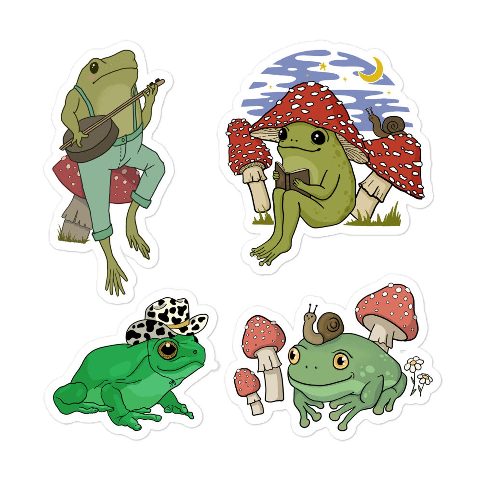 Cottagecore Goblincore Frogs Sticker Pack, Mushroom Hat Froggy Sheet ...