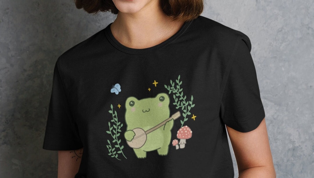 Cute Kawaii Frog Playing Banjo T-shirt, Toad Plant Fungi Blue Butterfly ...