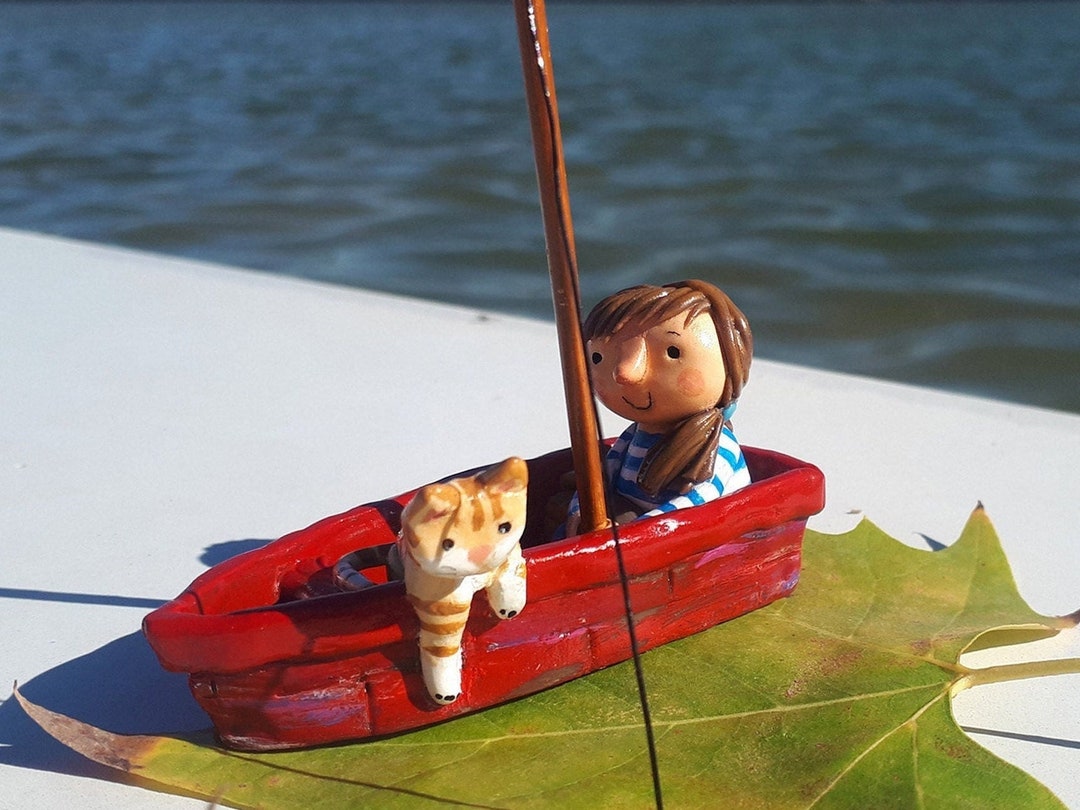 Ceramic Boat Figurine Cute Fishing Girl Gift, Miniature Boat Handmade ...