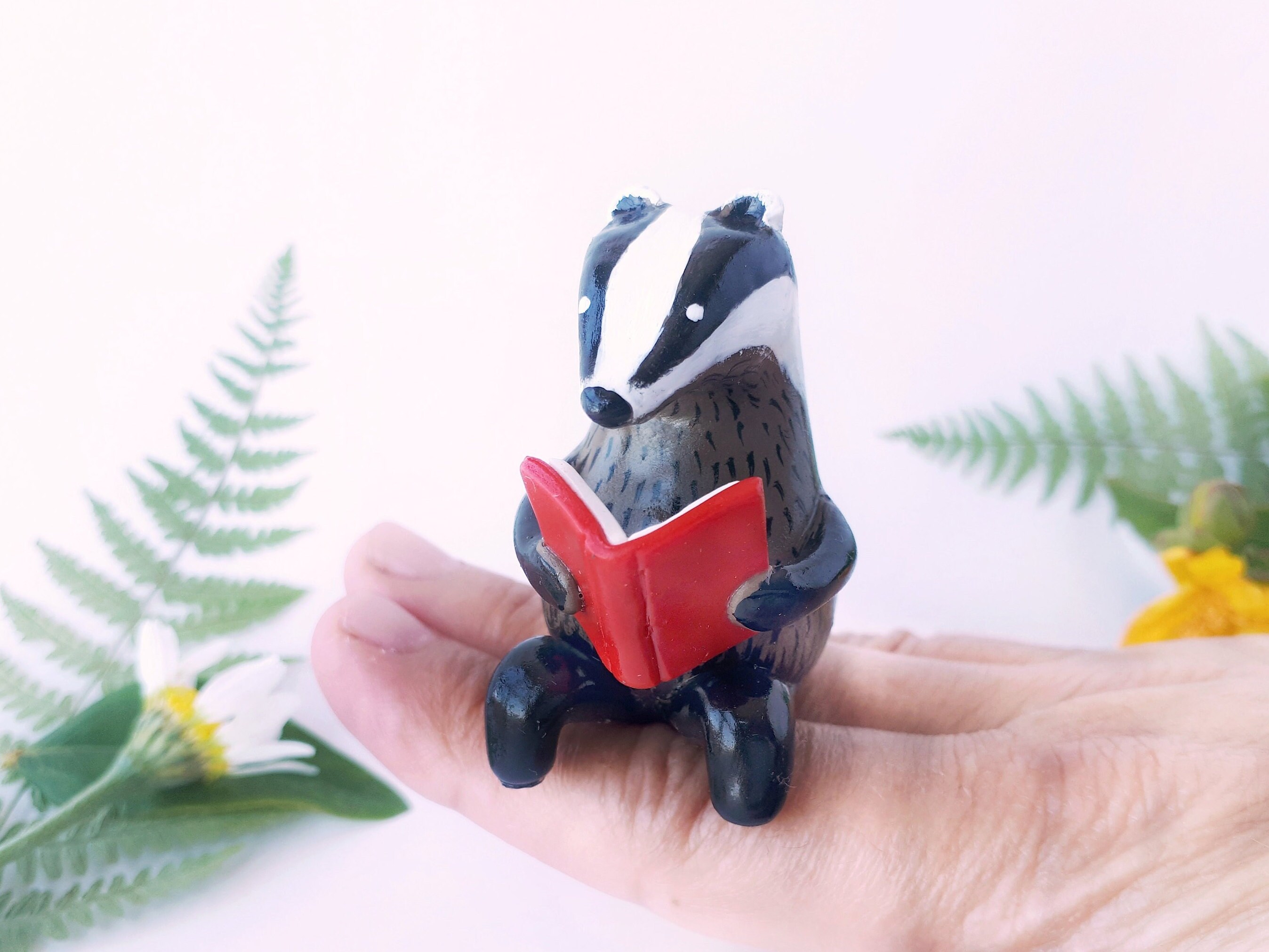 Cottagecore Decor Badger Figurine, Fairycore Badger Reading Figure ...