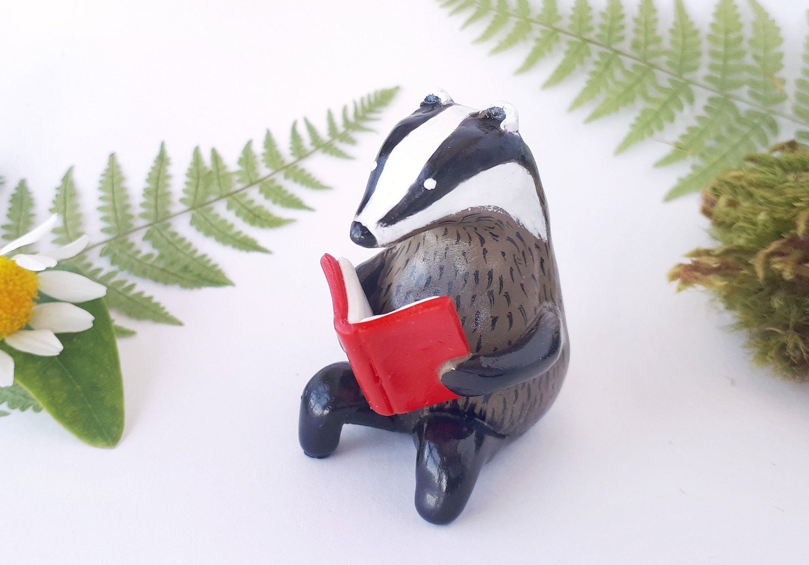 Cottagecore decor badger figurine Fairycore badger reading | Etsy