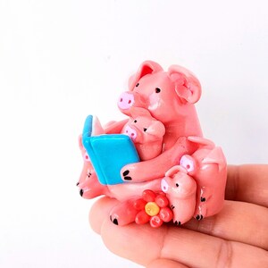 Handmade Pig Figurine Bookshelf Decor, Clay Animal Reading Book Unique ...