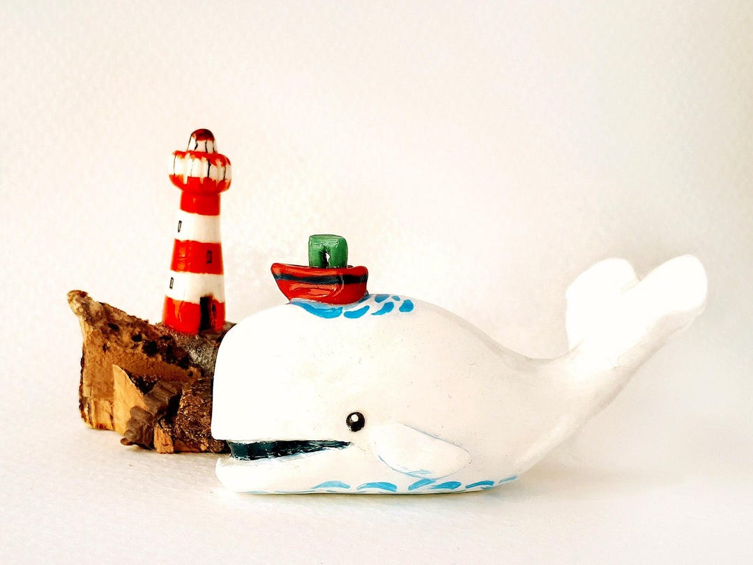 Moby Dick Sperm Whale & Lighthouse Clay Figures Set, Nautical Bookshelf ...