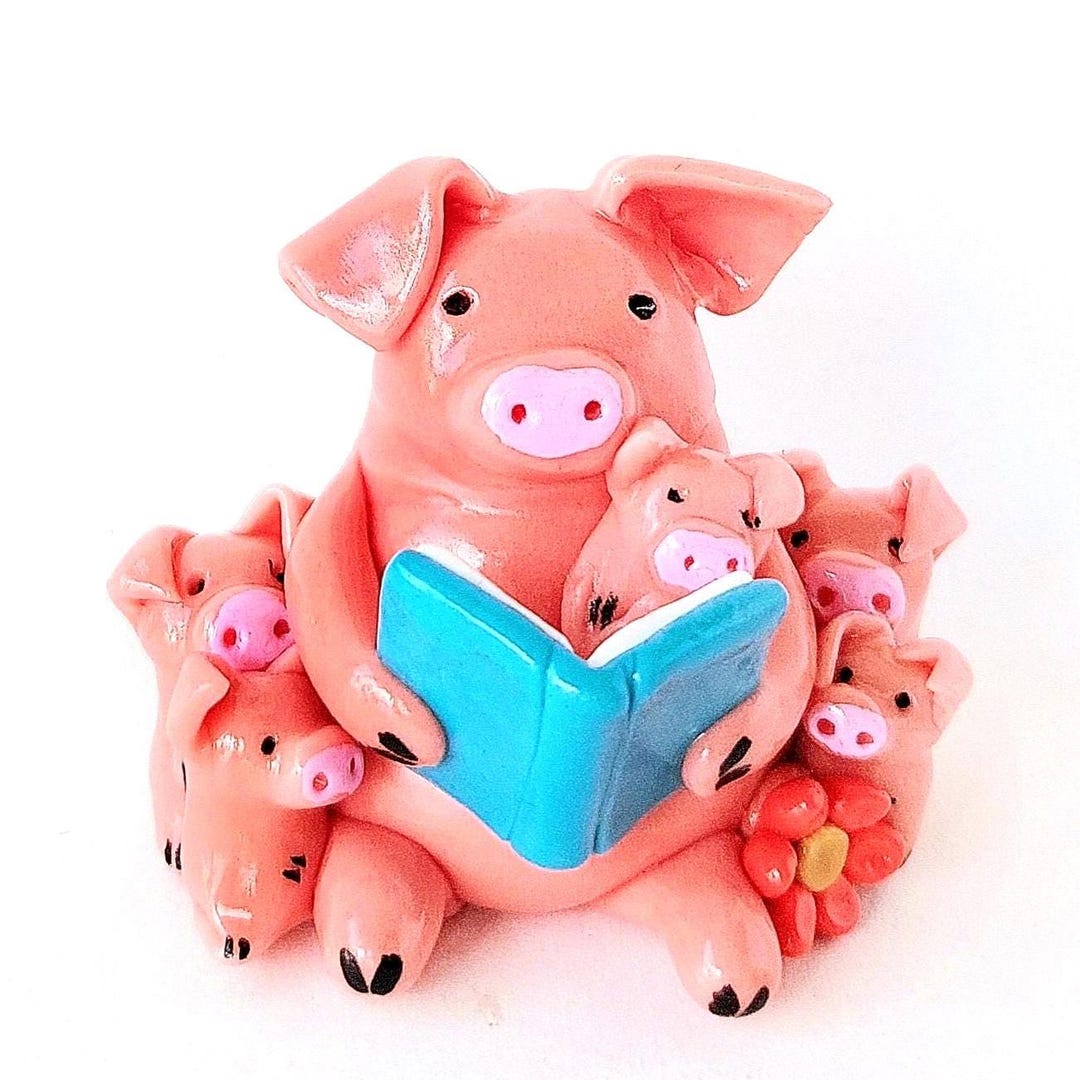 Handmade Ceramic Pig Family Figurine Reading a Book, Reading Figure for ...