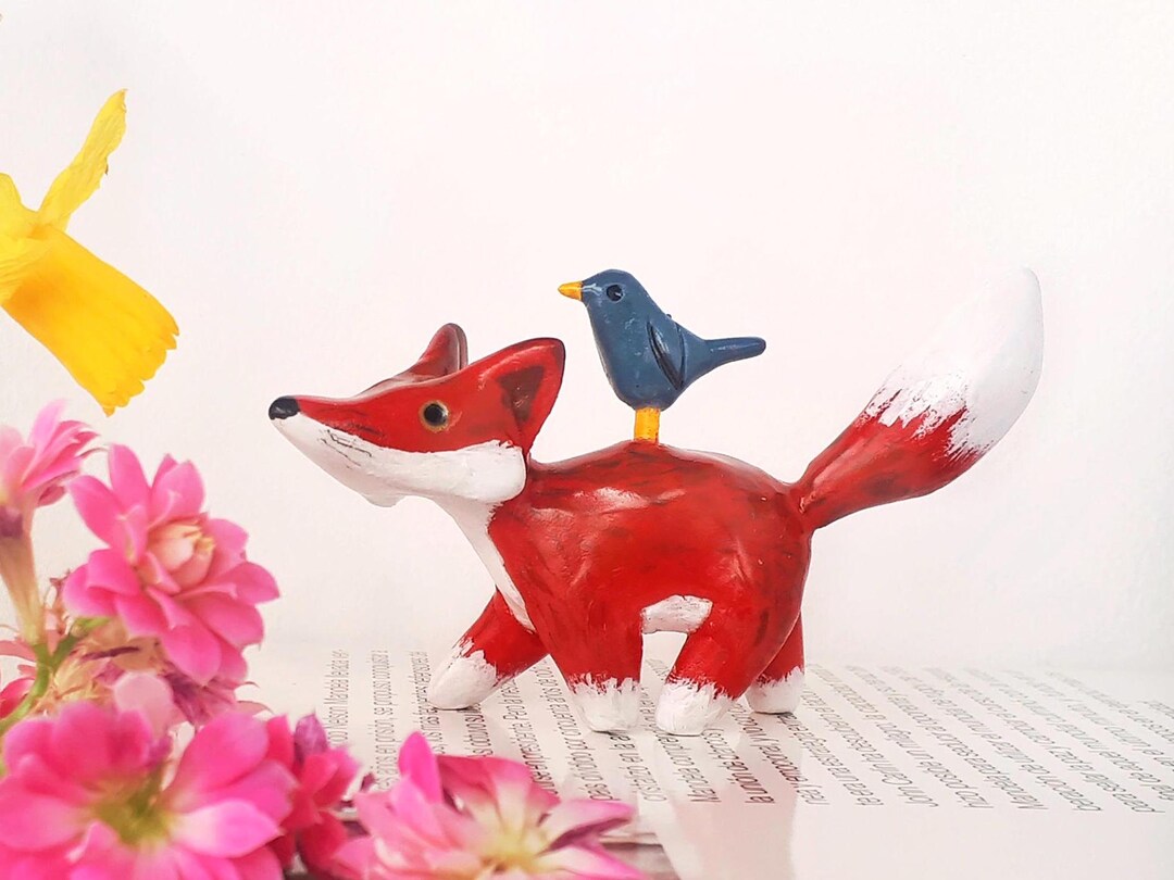 Miniature Red Fox Cottagecore Figure, Small Fox Figurine and Blackbird ...