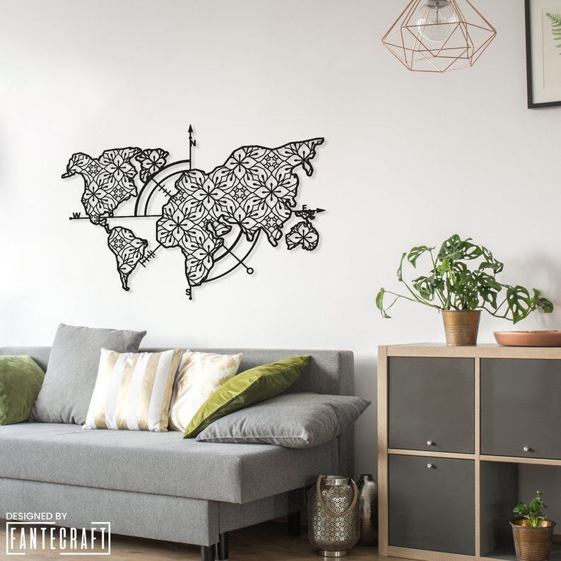 Metal World Map Wall Art Compass And Flower Motives With Etsy