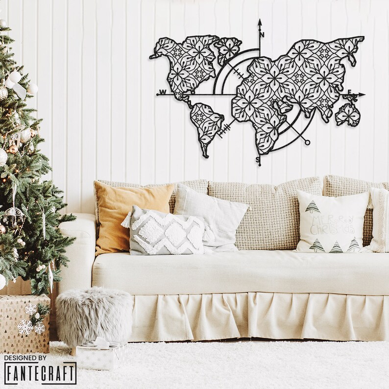 Metal World Map Wall Art Compass And Flower Motives With Etsy